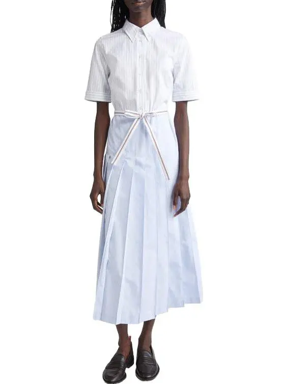Thom Browne Mixed Stripe Pleated Shirtdress - Light Blue