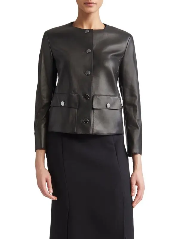Akris Collarless Lambskin Leather Jacket - Black