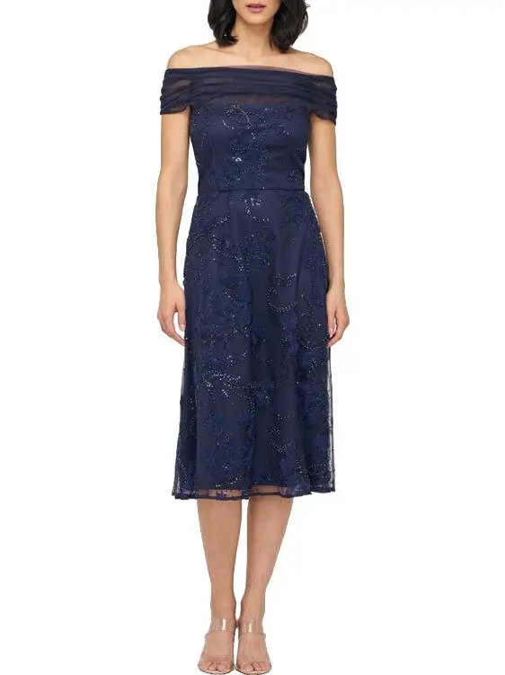 Js Collections Beaded Floral Off-the-shoulder Cocktail Dress - Navy