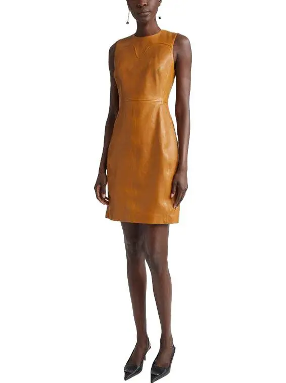 St. John Sleeveless Washed Leather Sheath Dress - Cinnamon