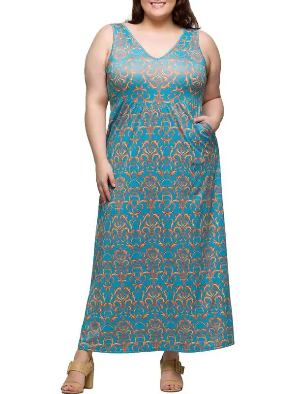 24SEVEN COMFORT APPAREL Scroll Print Knit Maxi Dress - Blue Multi