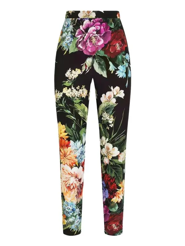 Dolce & Gabbana Flower Bouquet-print Charmeuse Pants - Black