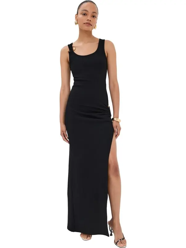 Versace Logo Cotton Stretch Ribbed Maxi Dress - Black