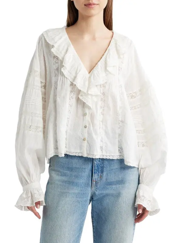 LoveShackFancy Rosabelle Lace Inset Clip Dot Button-up Shirt - Optic White