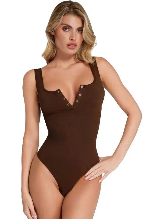 POPILUSH Shapewear Seamless Modal Henley Tank Bodysuit - Dark Brown