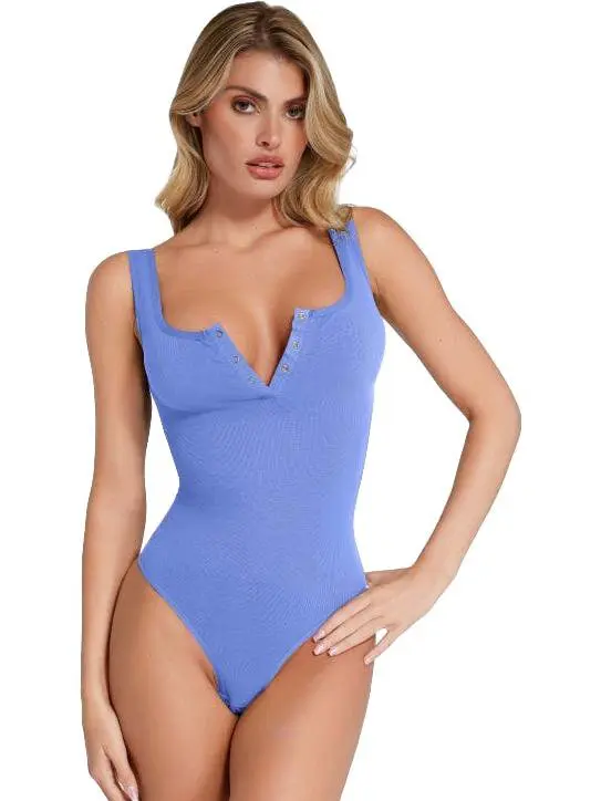 POPILUSH Shapewear Seamless Modal Henley Tank Bodysuit - Haze Blue