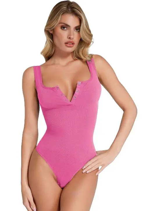 POPILUSH Shapewear Seamless Modal Henley Tank Bodysuit - Pink