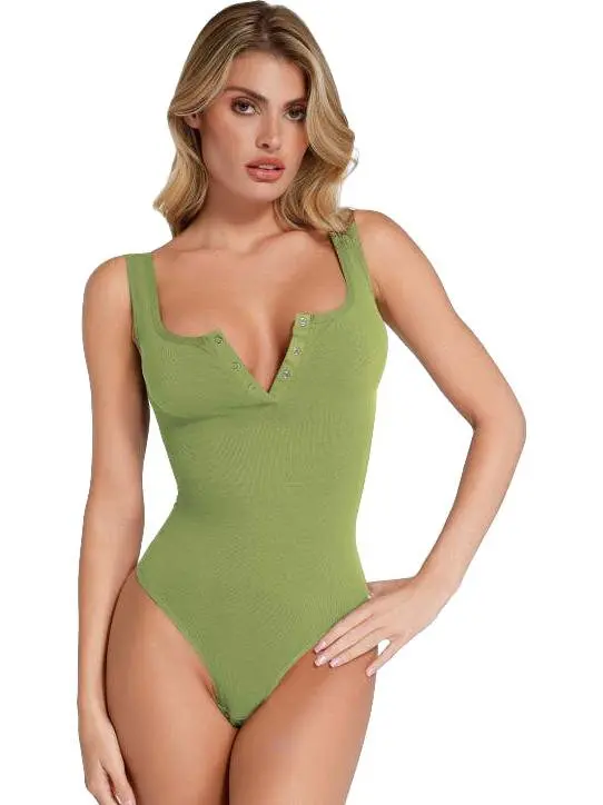 POPILUSH Shapewear Seamless Modal Henley Tank Bodysuit - Sage Green