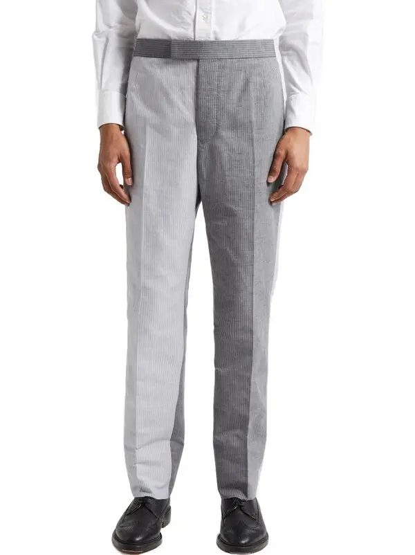 Thom Browne Stripe Colorblock Linen & Cotton Pants - Light Grey