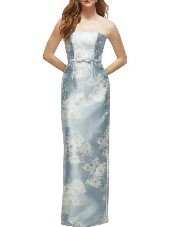 Alfred Sung Floral Strapless Satin Twill Column Gown With Bow Belt - Seraphina Floral