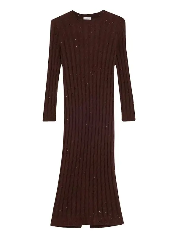 Brunello Cucinelli Mohair Paillette Cable Knit Maxi Sweater Dress - Red/brown