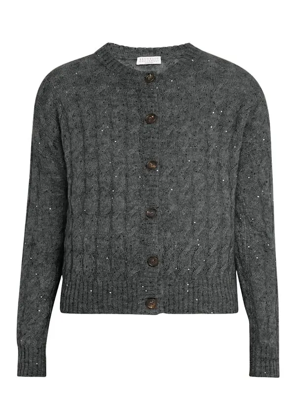 Brunello Cucinelli Mohair Paillette Cable Knit Cardigan - Stone