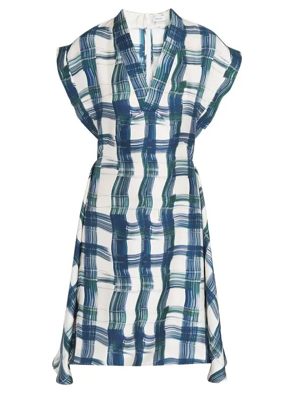 FERRAGAMO Brushstroke Check Short Silk Dress - New Navym