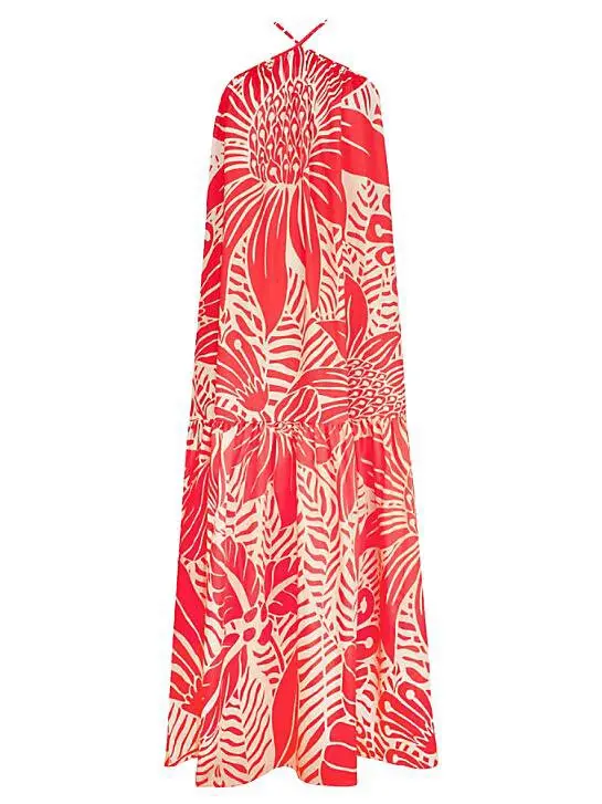 RO&ZO Floral-print Halterneck Cotton Maxi Dress - Brown
