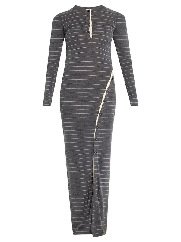 Nanushka Buttoned Striped Fine Merino Wool Maxi Dress - Grey Stripe