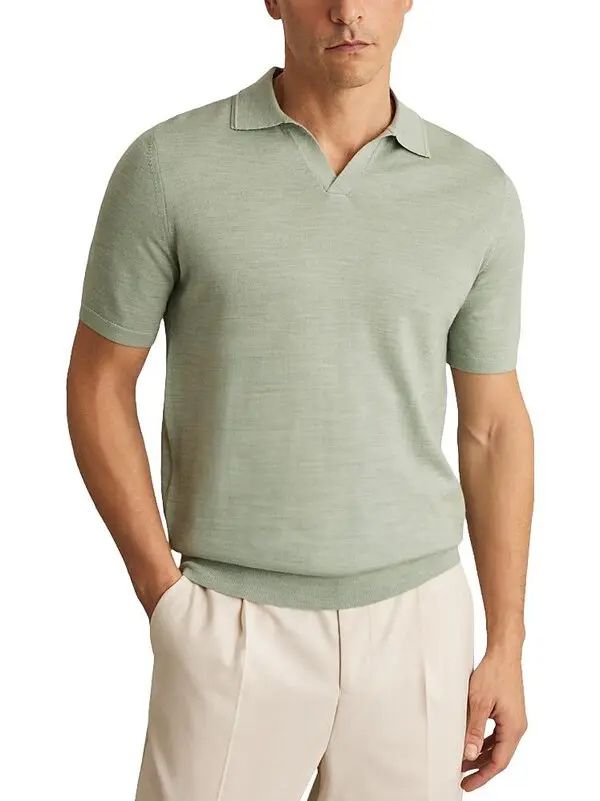 REISS Duchie Short Sleeve Open Collar Merino Polo Shirt - Sage Green