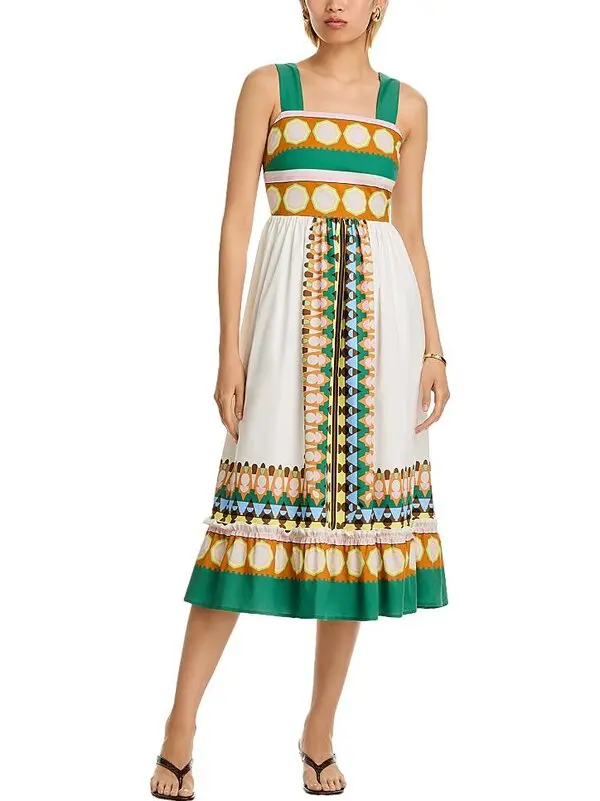 T Tahari Printed Square Neck Midi Dress - Step Stone/white Star