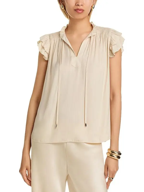 T Tahari Flutter Sleeve Split Neck Airflow Blouse - French Beige