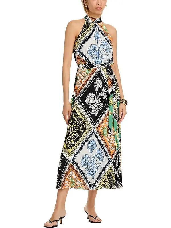 T Tahari Printed Halter Neck Midi Dress - Hillside Garden Print
