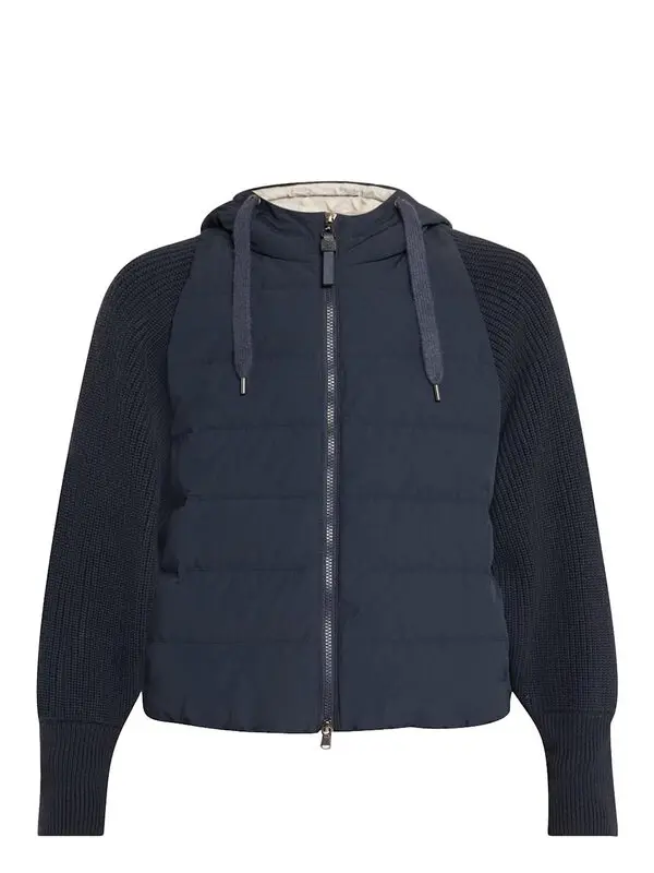 Brunello Cucinelli Techno Crinkled Cotton Down Jacket With Ribbed Sleeves - Blue