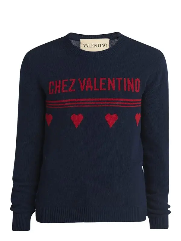 Valentino Garavani Wool 'chez Heart Jacquard Crewneck Sweater - Blue/red