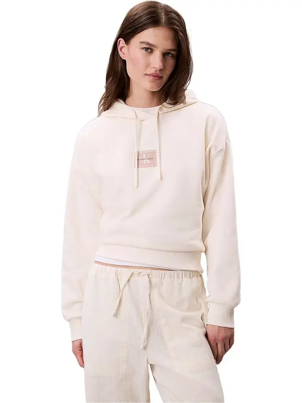 Calvin Klein Fleece Logo Patch Cropped Hoodie - Antique White