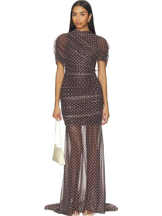Amanda Uprichard X Evianna Mesh Gown - Chocolate Brown Polka Dot
