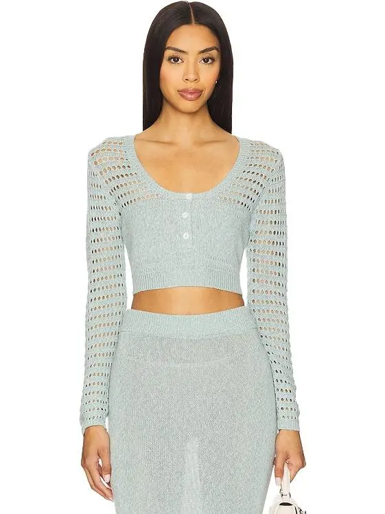 Matthew Bruch Striped Mesh Cropped Henley - Seafoam Knit