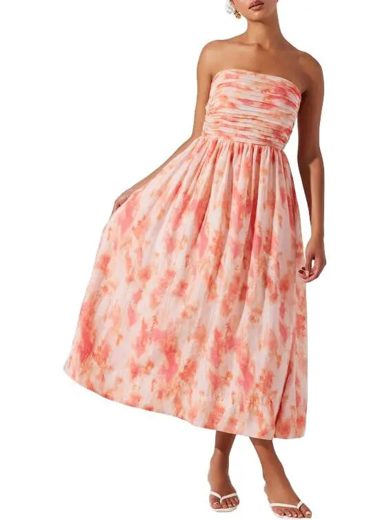 Astr The Label Aneesha Strapless Tie-dye Midi Dress - Coral Tie Dye