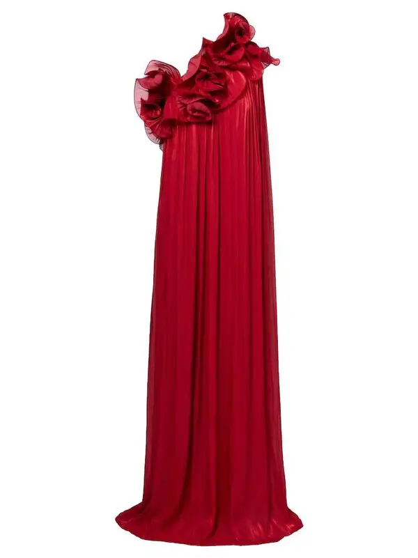 Costarellos Charmain Ruffled Georgette Lamé Gown - Red