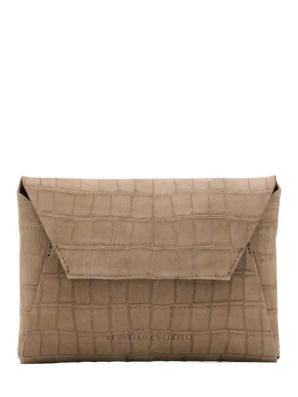 Brunello Cucinelli Mini Croc-embossed Suede Pouchette - Taupe