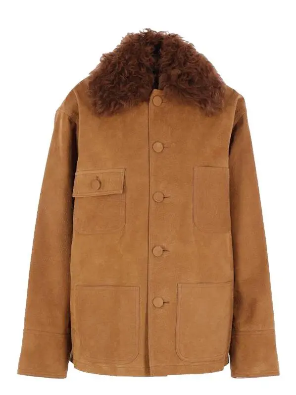 Plan C Grained Leather Jacket With Faux Fur Collar - Brown