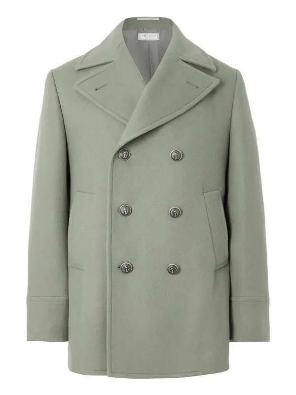 Brunello Cucinelli Double-breasted Brushed-wool Pea Coat - Green