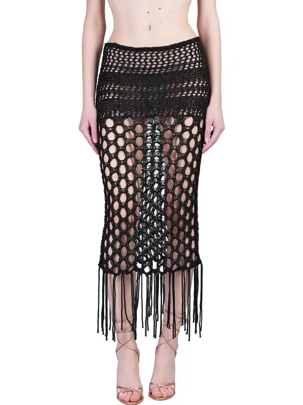 LANEUS Perforated Skirt With Fringe - Black