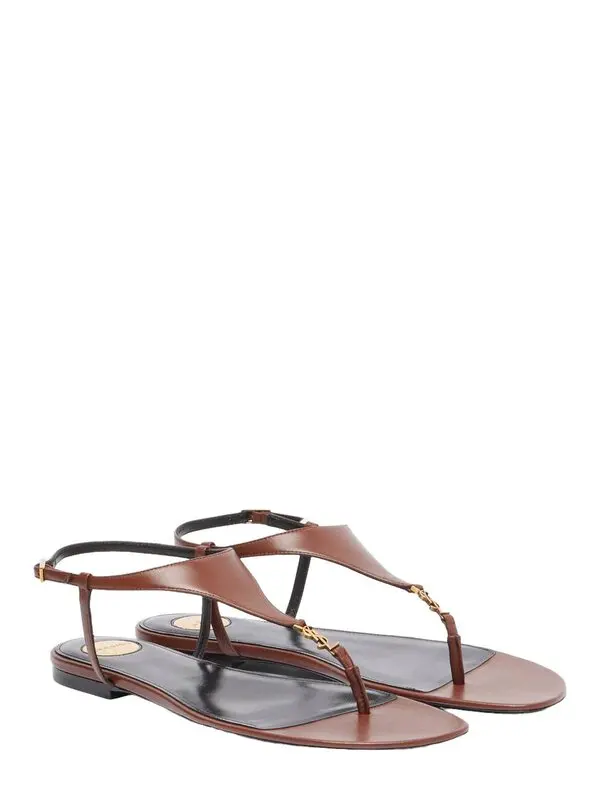 Saint Laurent Cassandra Leather Thong Sandals - Brown
