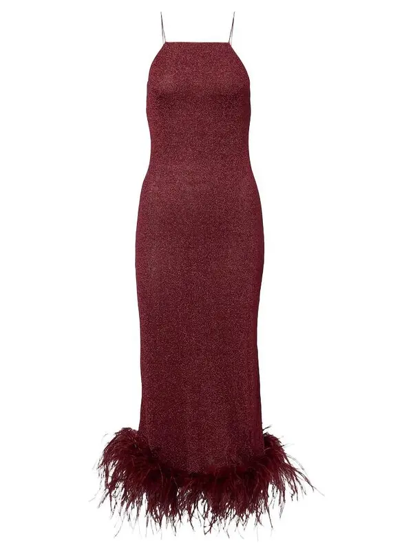 Oseree Lumière Feather-trimmed Midi Dress - Burgundy