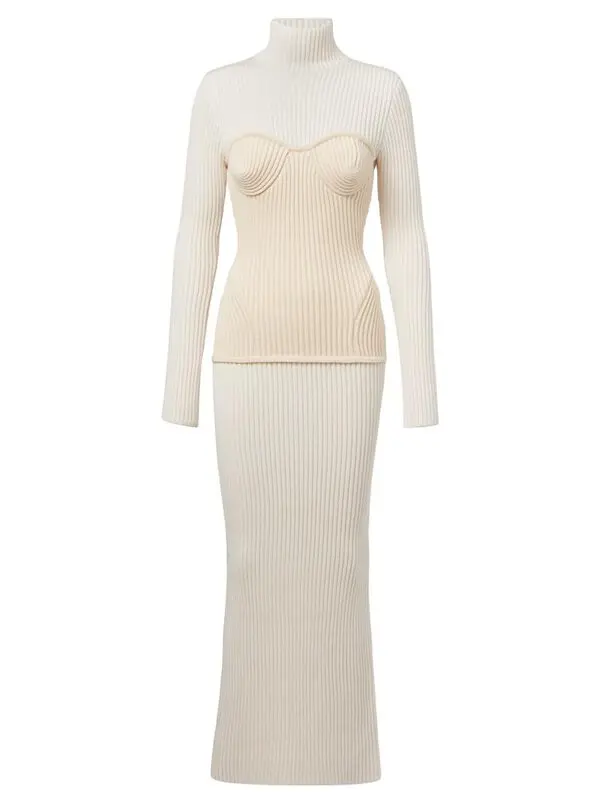 JEAN PAUL GAULTIER Ribbed-knit Wool-blend Maxi Dress - White