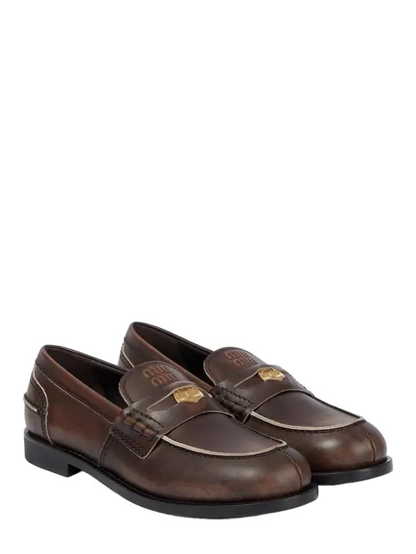 Miu Miu Embellished Leather Loafers - Brown