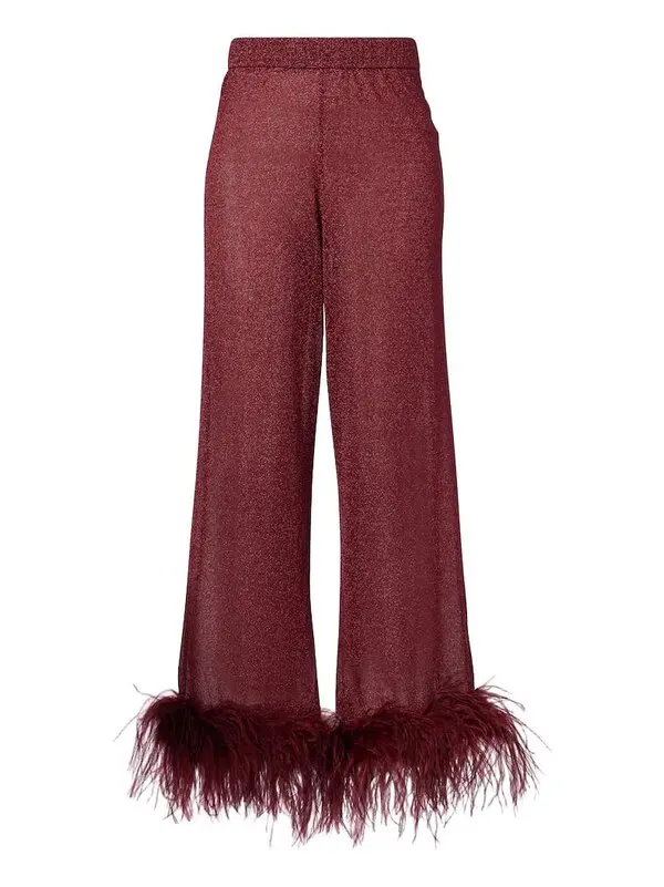 Oseree Lumière Feather-trimmed Wide-leg Pants - Burgundy