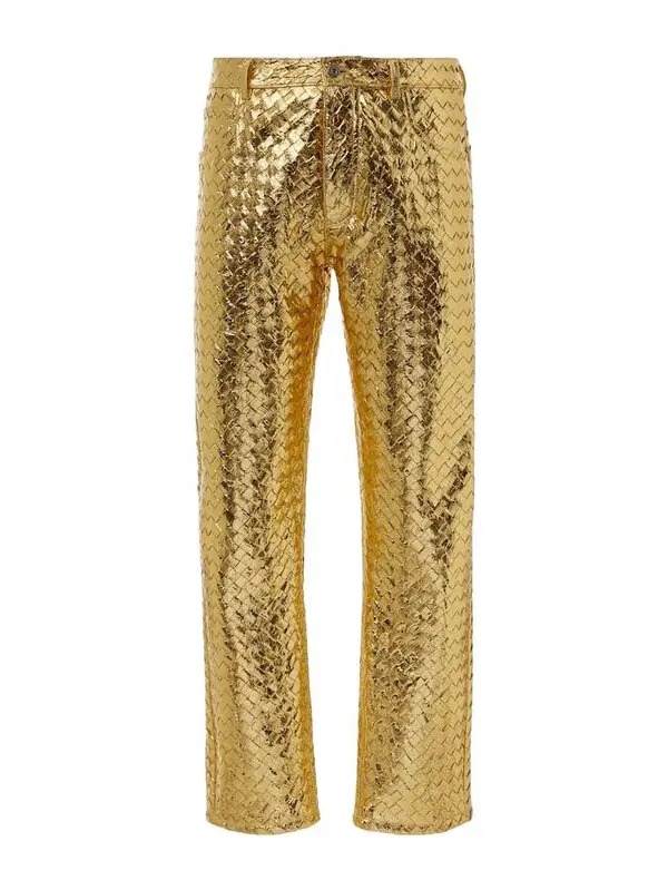 Bottega Veneta Intrecciato Metallic Leather Straight Pants - Gold