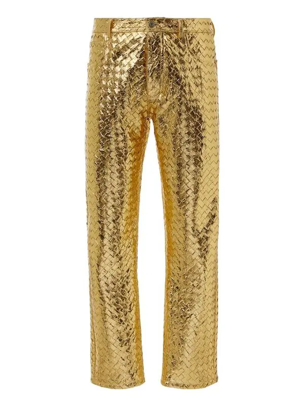 Bottega Veneta Intrecciato Metallic Leather Straight Pants - Gold