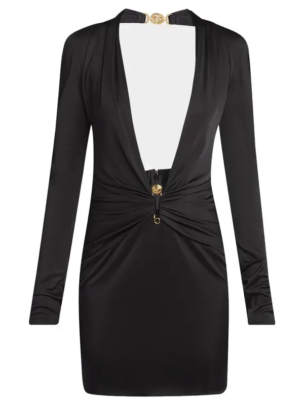 Versace Plunging Mini Dress With Medusa Safety Pin - Black