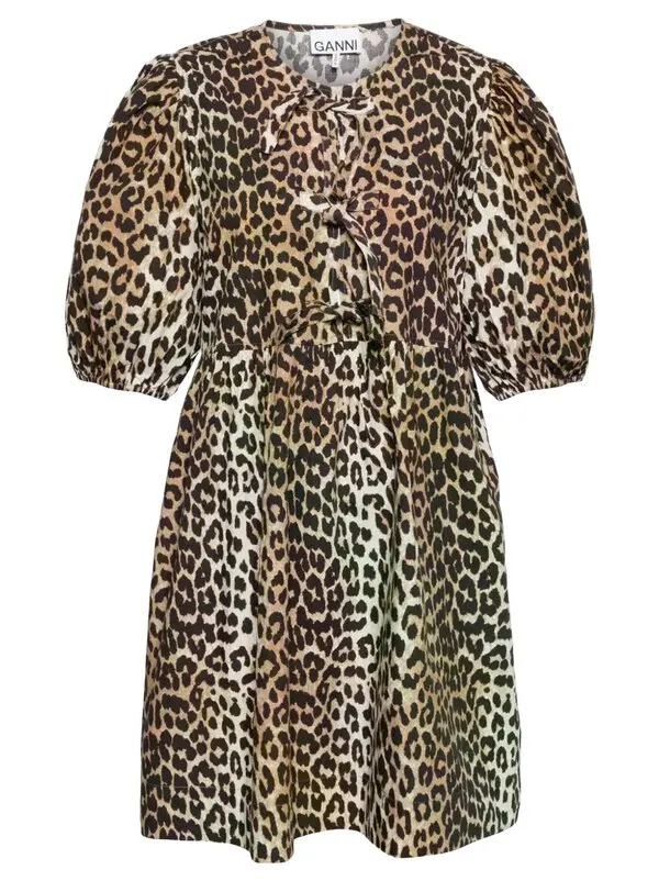 GANNI Leopard Print Cotton Mini Dress - Brown