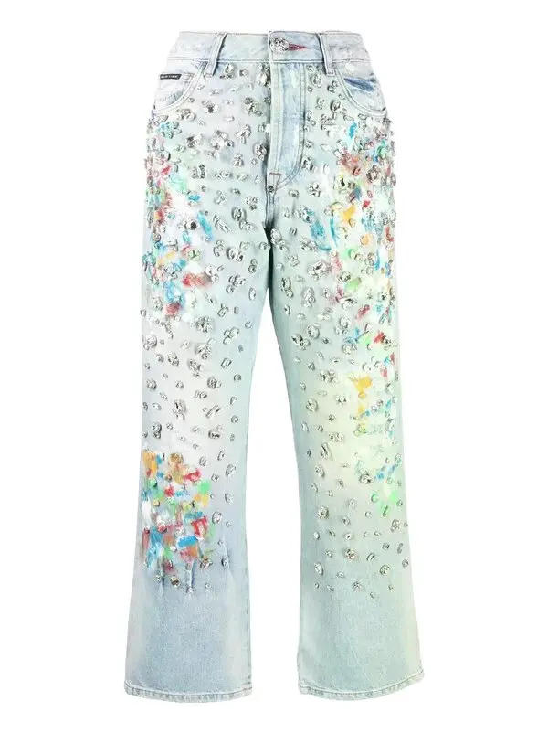 Philipp Plein Cropped Rhinestone-embellished Jeans - Blue