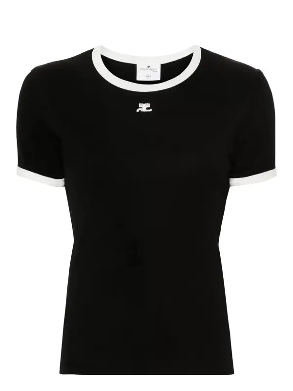 COURREGES Logo-patch Contrasting-trim T-shirt - Black