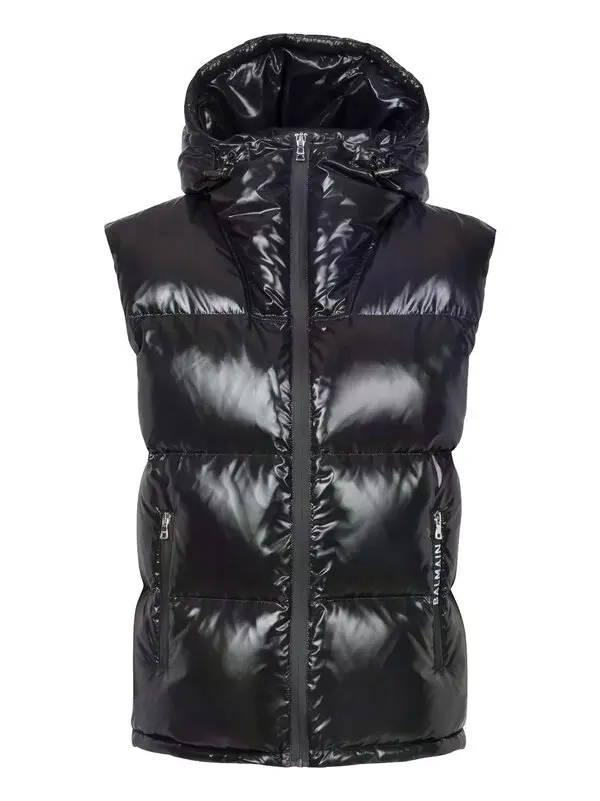 Balmain Puffer Hooded Sleeveless Jacket - Black