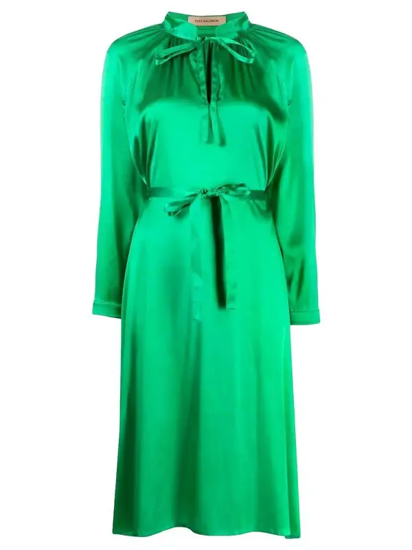 YVES SALOMON Satin-finish Tied-waist Dress - Green
