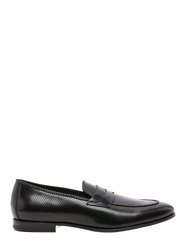 Santoni Perforated Leather Penny Loafers - Black