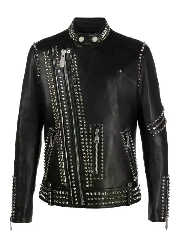 Philipp Plein Rockstud Embellished Leather Biker Jacket - Black