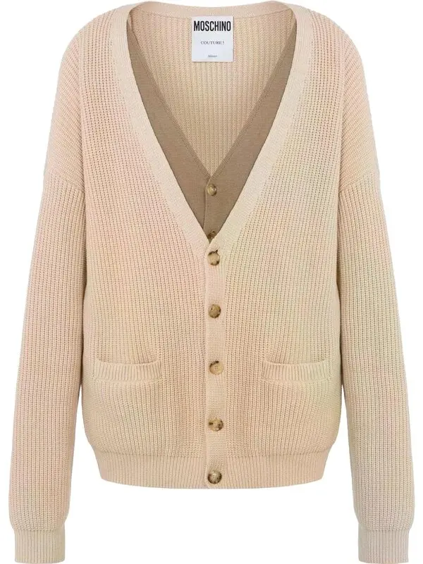 Moschino Ribbed-knit Cardigan With Logo Plaque - Neutrals